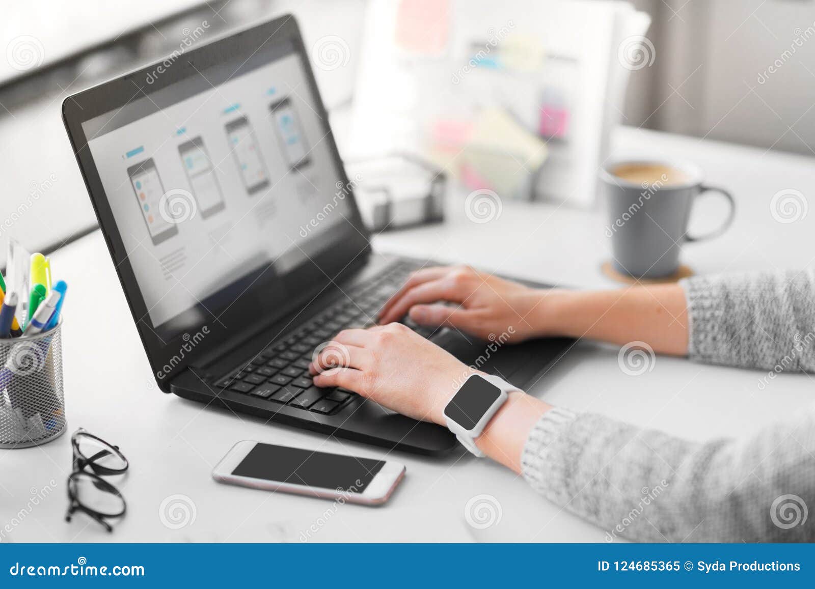 Web Designer with Laptop Working on User Interface Stock Image - Image ...