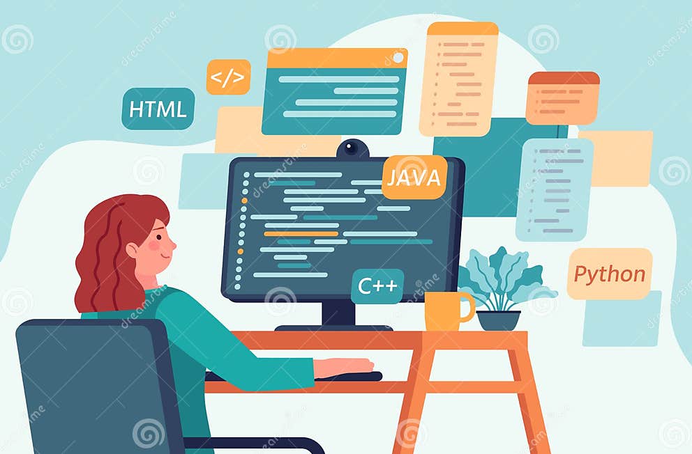 Web Designer and Programmer Working at Desktop Computer. Cartoon Woman ...
