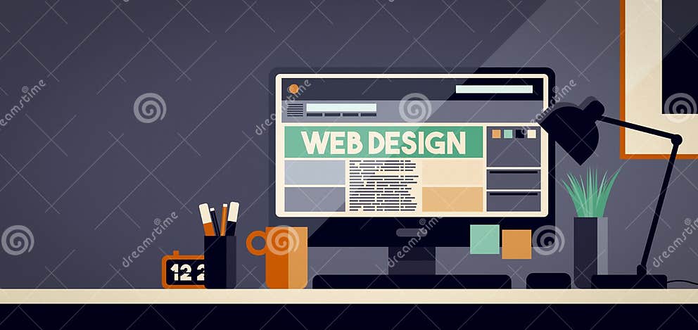 Web Designer Work Desktop with Computer Stock Illustration ...