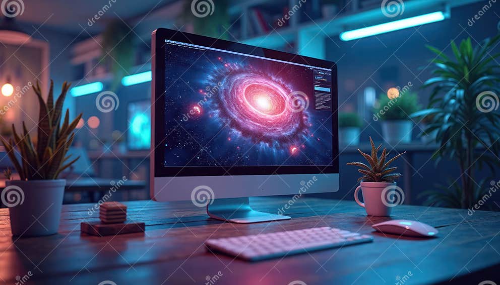 Web Designer Workspace with Computer Screen Showing Abstract Galaxy Design. Modern Tech Studio ...