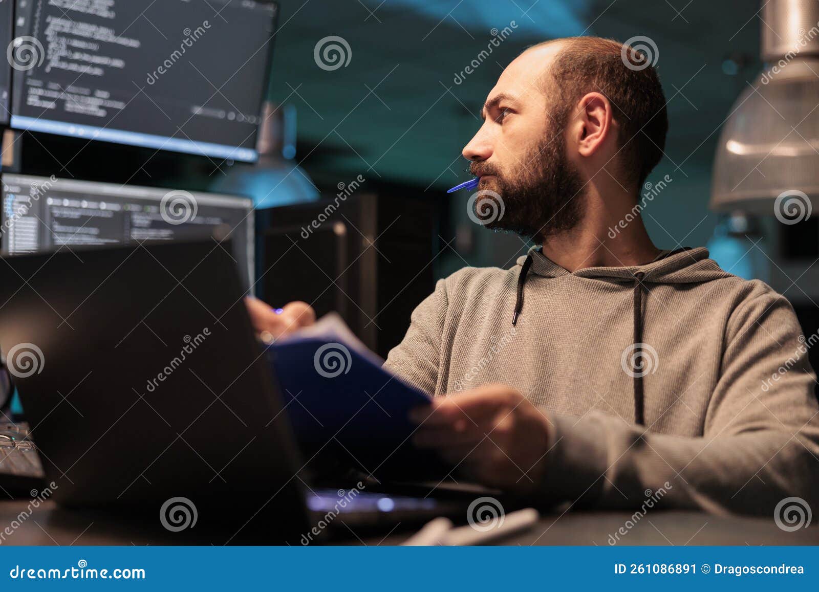 Web Developer Analyzing Source Code with Papers Stock Image - Image of ...