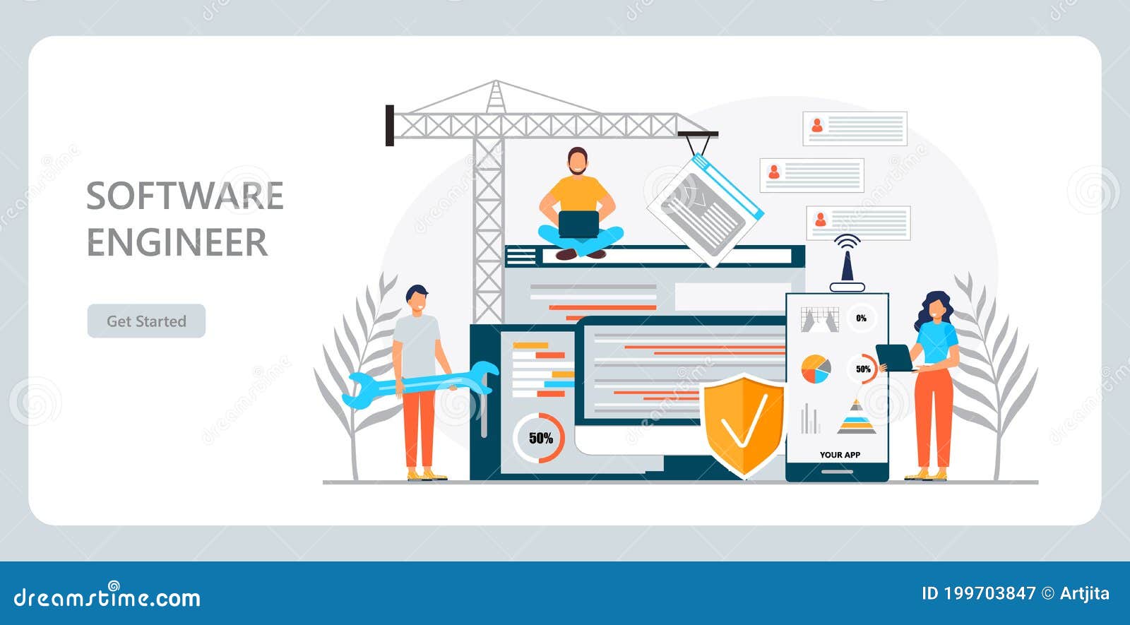 Web Developer Concept Vector For Landing Page Programmer Constructs Website Using Crane And