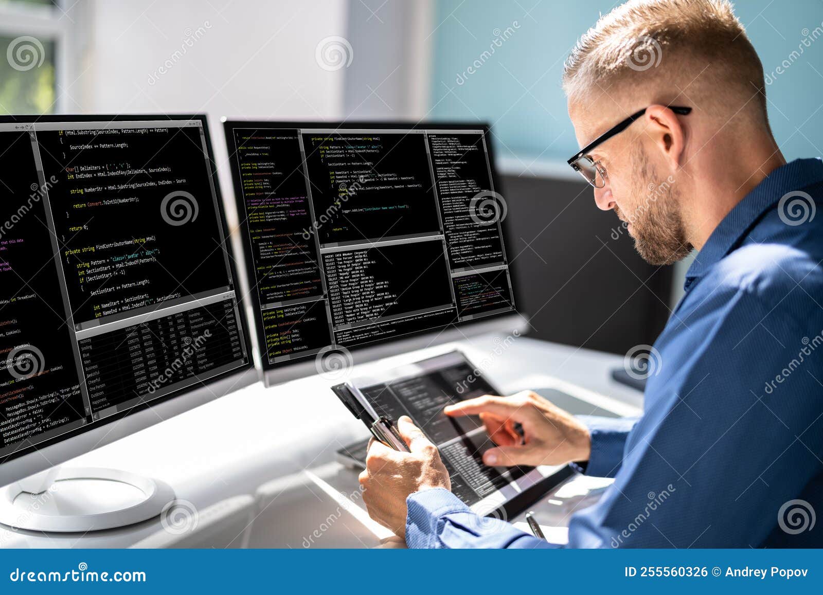 Web Developer Looking at Code Stock Photo - Image of security, network ...