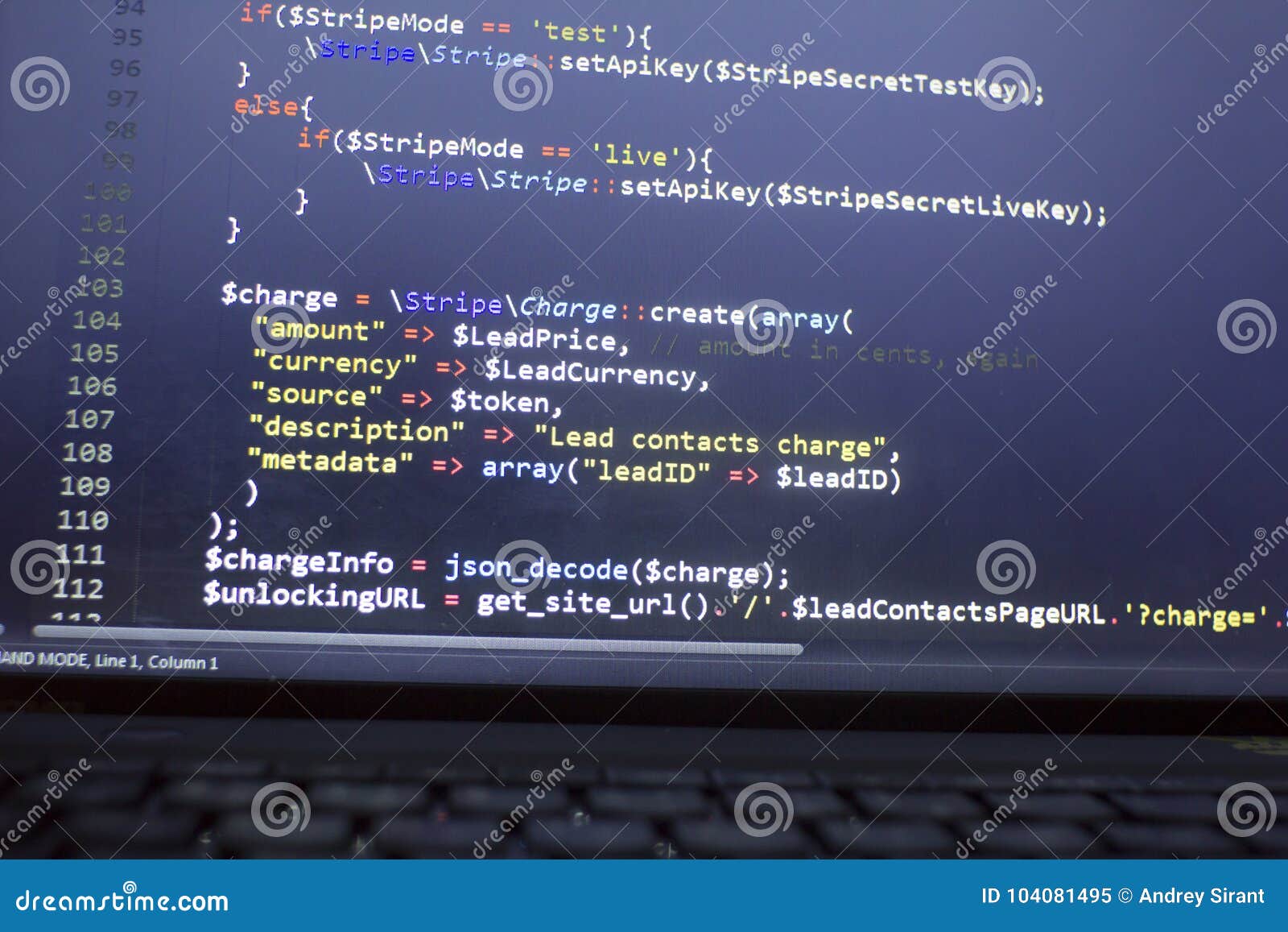 Web Developer Php Code Close Up Charging Customer Using Stripe Api Stock Image Image Of