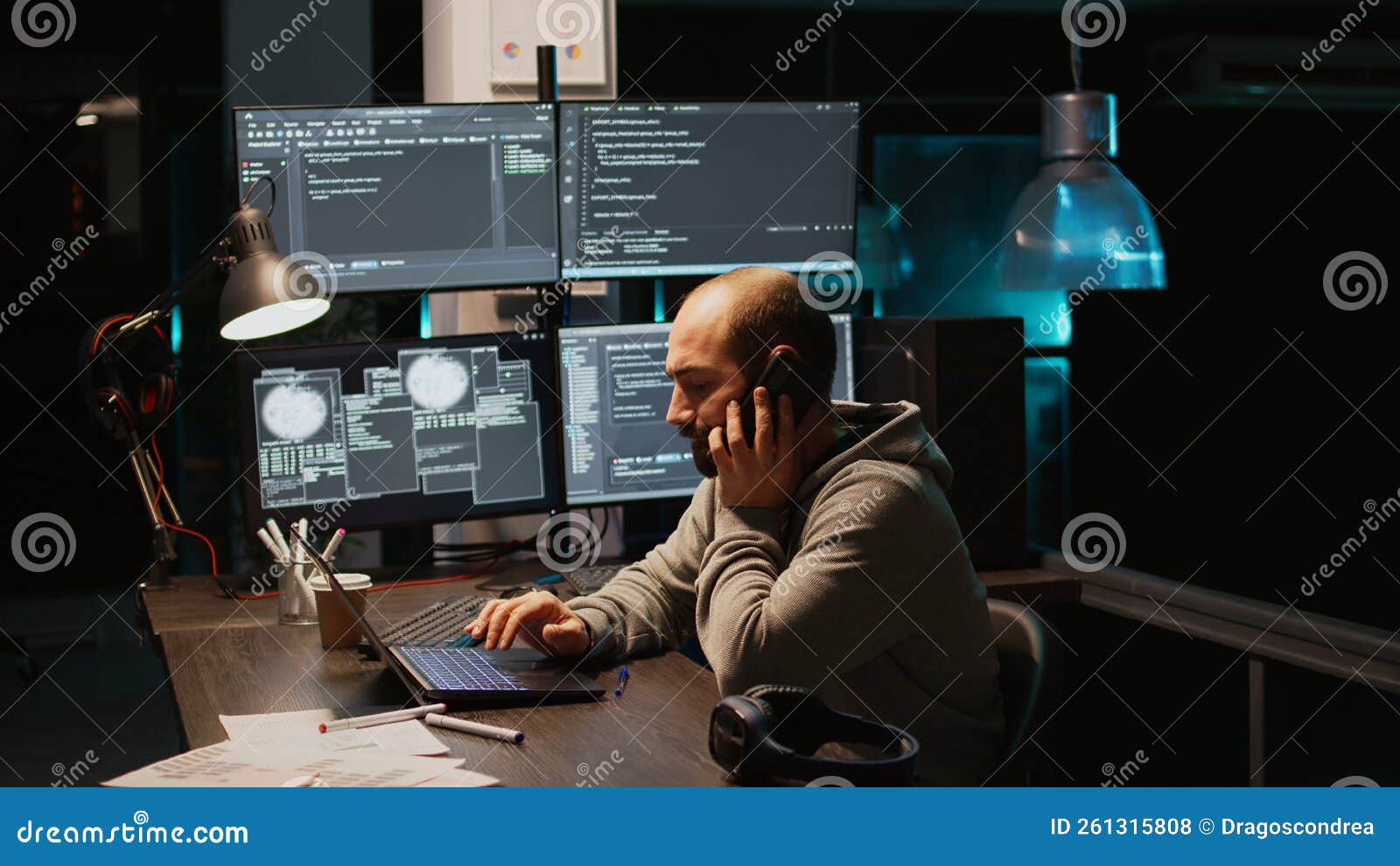 Web Developer Talking on Phone Call in Programming Office Stock Photo ...