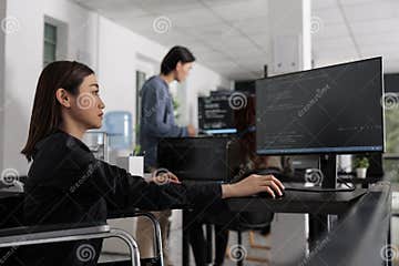 Web Developer in Wheelchair Working on Server Coding in Big Data Office Stock Image - Image of ...