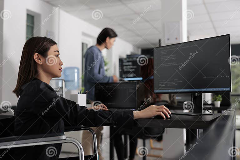 Web Developer in Wheelchair Working on Server Coding in Big Data Office Stock Image - Image of ...
