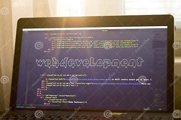 Web Developer Workplace in Sunset Lights. Web Development Phrase ASCII Art Inside Real HTML Code ...