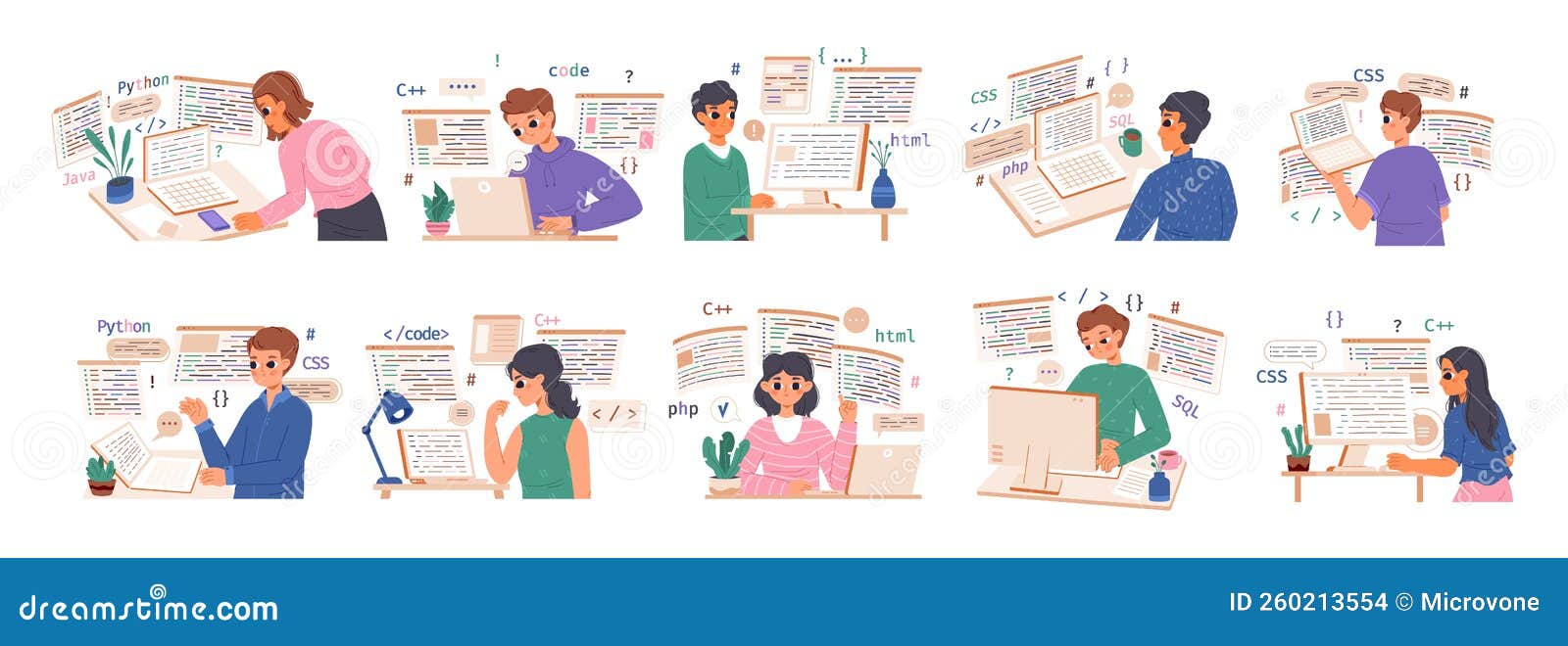 Web Developers And Coder Build Projects Programming Seo Web Coding Characters Stock Vector