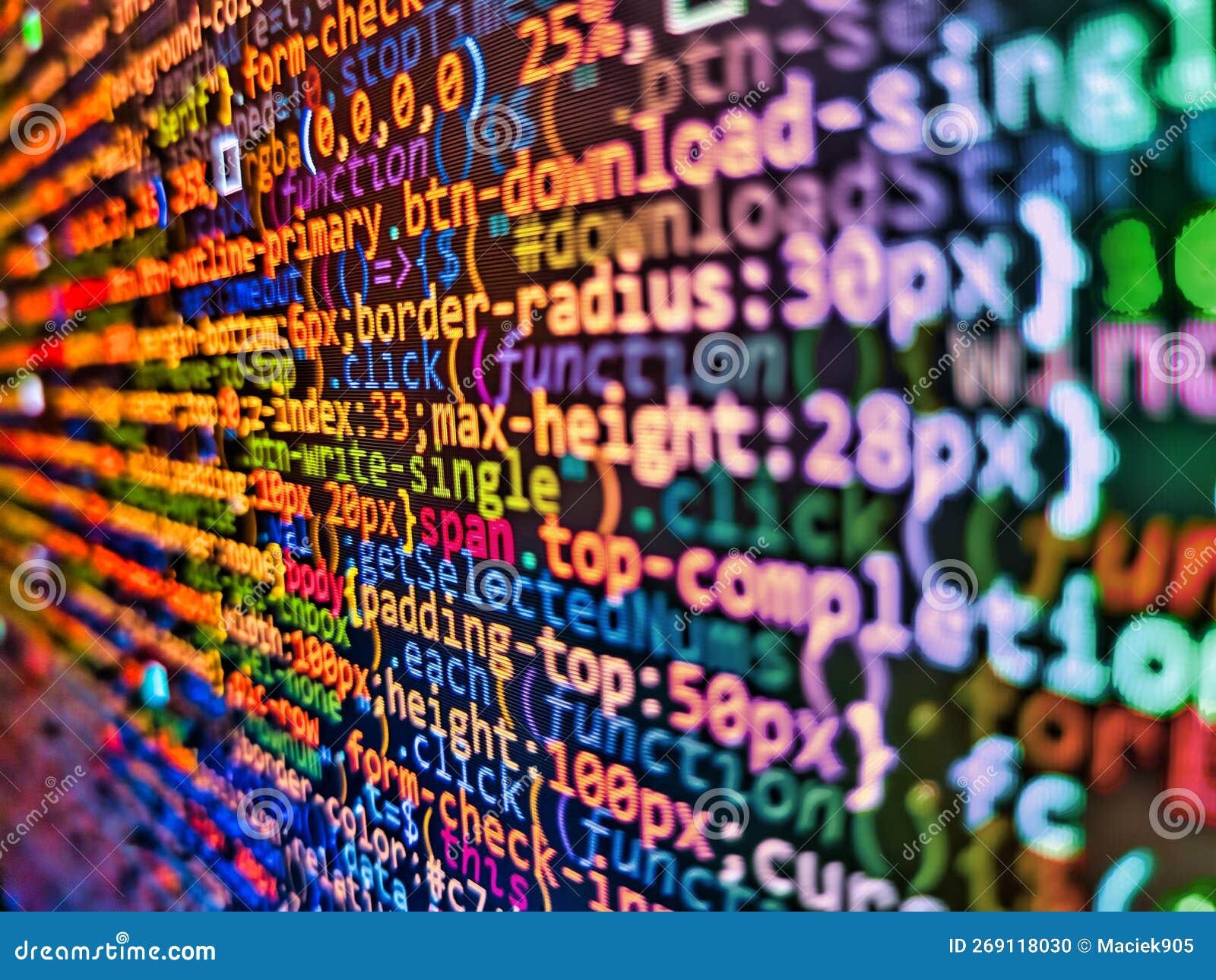 PHP Syntax Highlighted. React HTML, Native Concept On LCD. Big Data Database App. IT Business ...