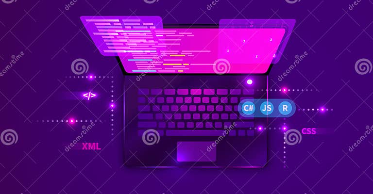 Web Development, Coding and Programming Futuristic Banner. Computer Code on Laptop Stock Vector ...