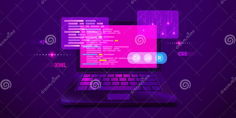 Web Development Coding And Programming Futuristic Banner Computer Code On Laptop Stock Vector 