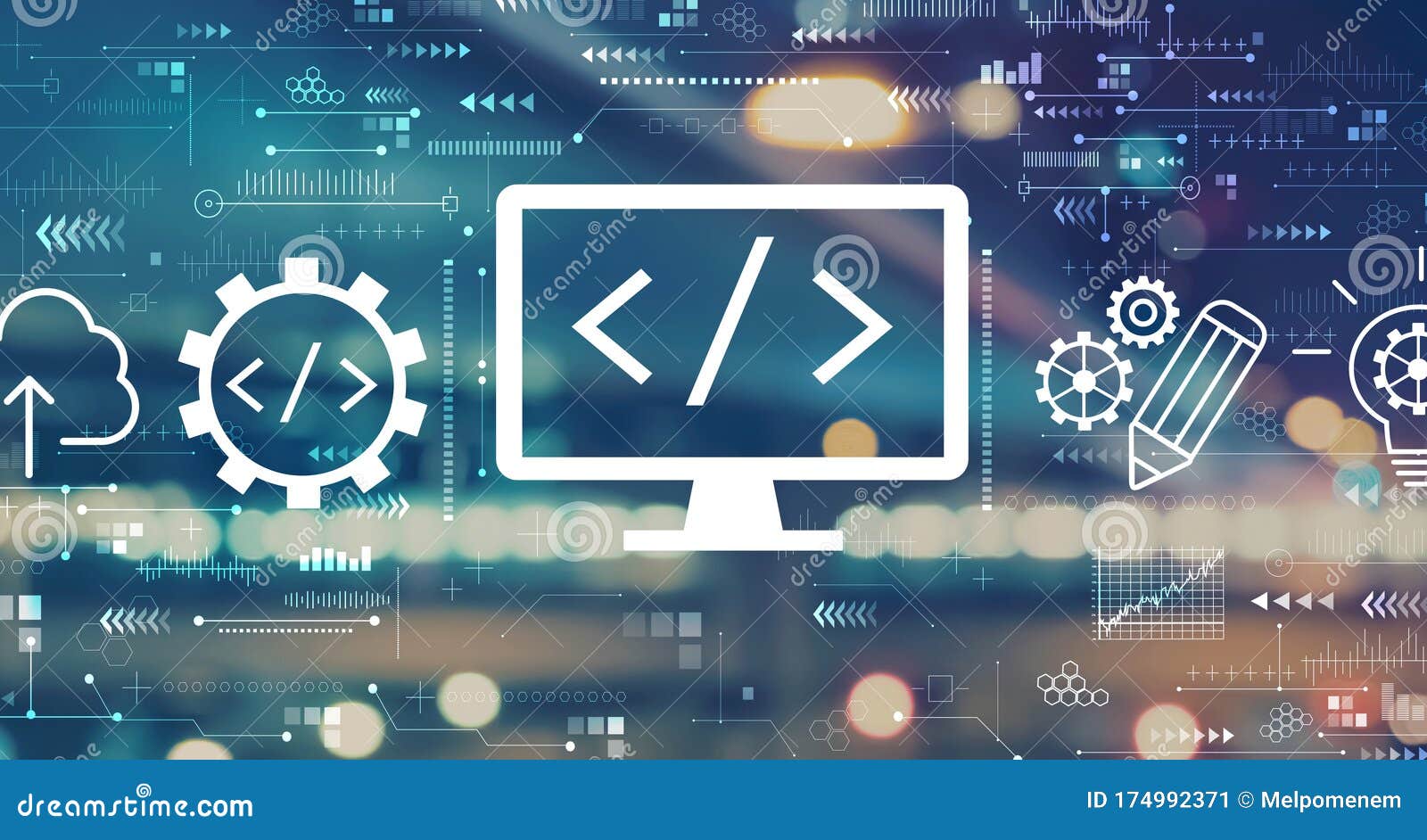 Web Development Concept with Blurred City Lights Stock Illustration ...