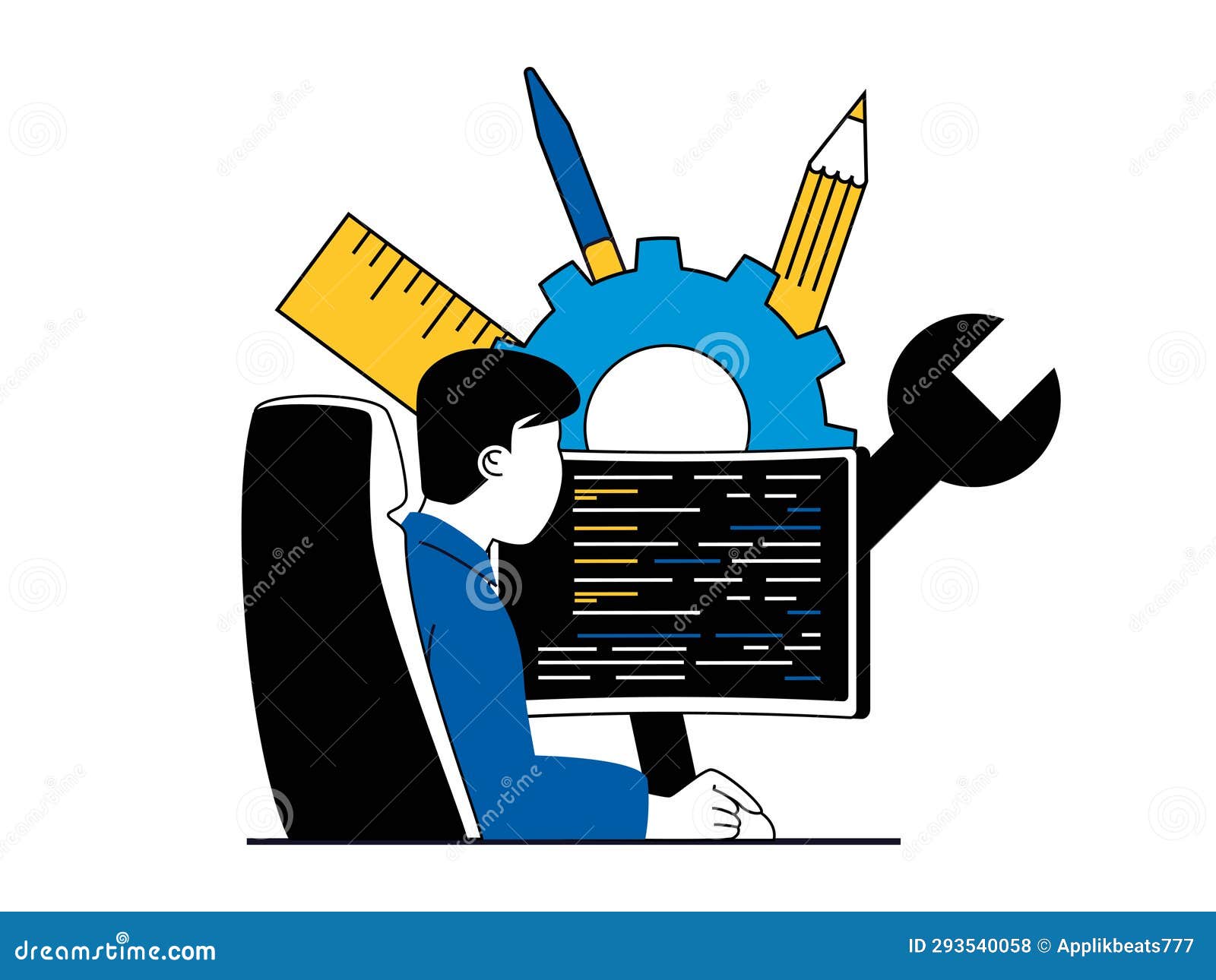 Web Development Concept With Character Situation Man Working With Programming Code At Computer