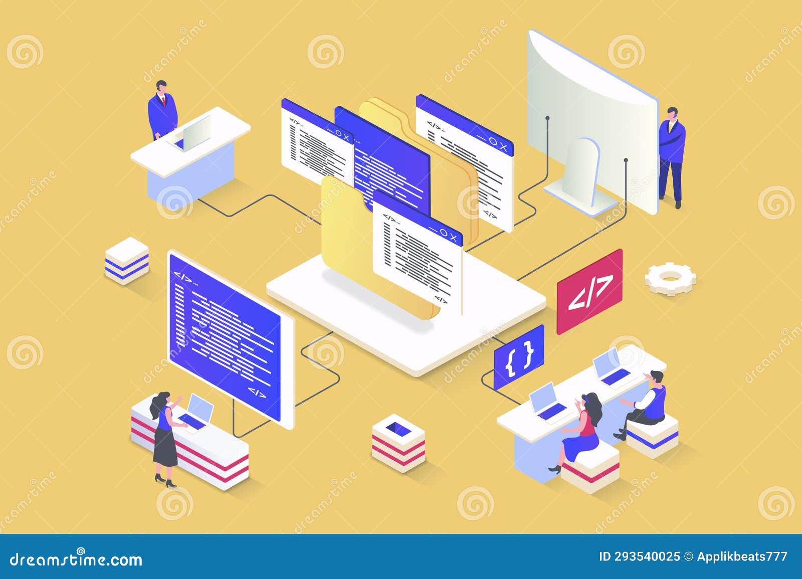 Web Development Concept In 3d Isometric Design Designers Prototyping And Coding Working On Ui