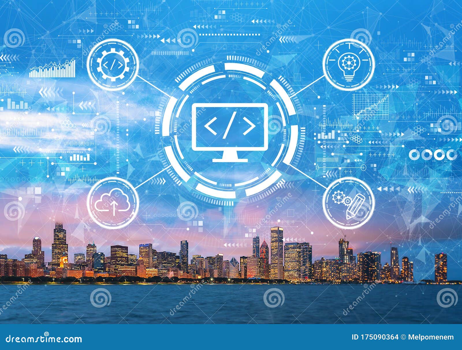 Web Development Concept with Downtown Chicago Stock Photo - Image of ...