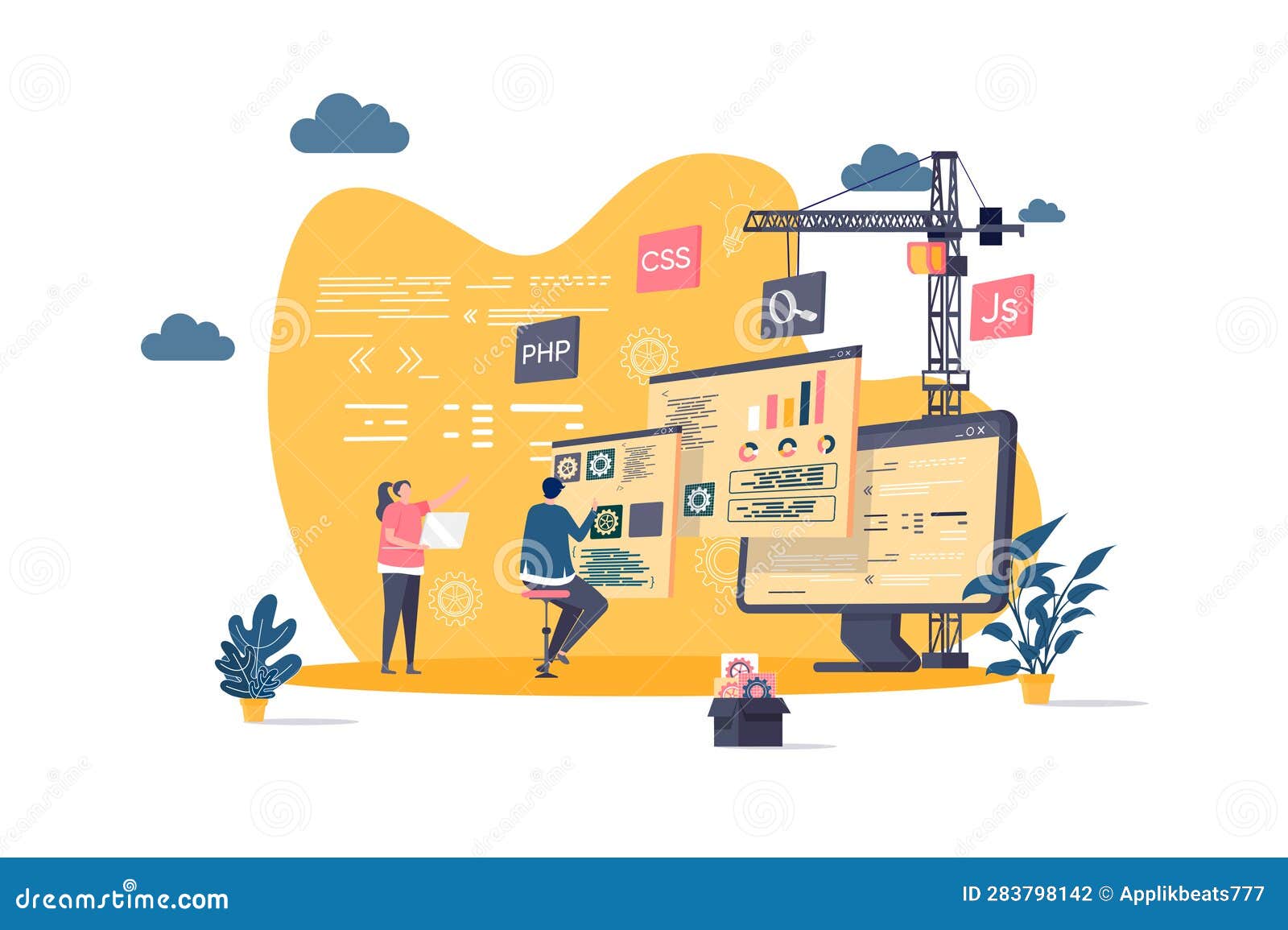 Web Development Concept in Flat Style. Developers Team Construct Web Application Scene Stock ...