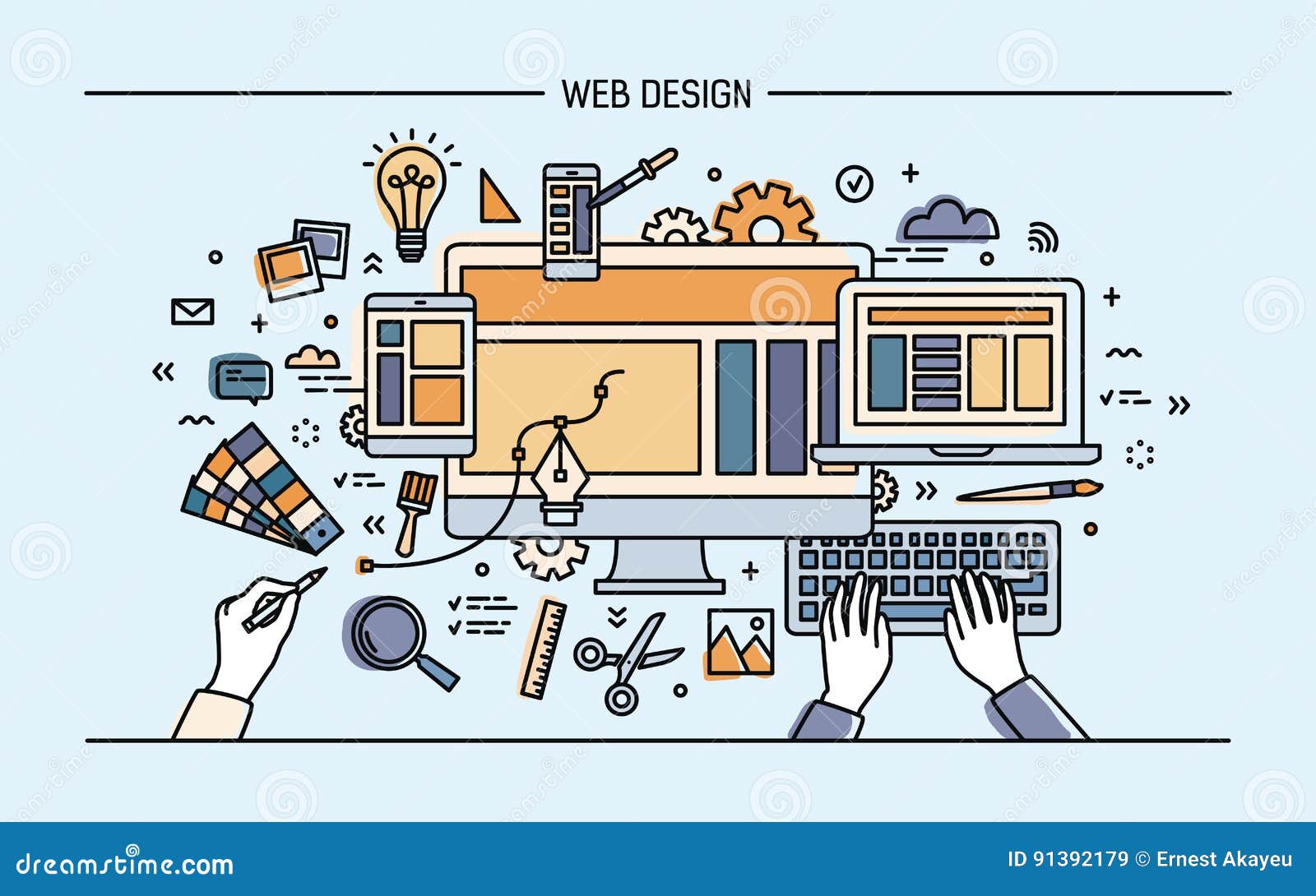 Web Development, Line Art Banner. Site with Responsive Design. Colorful ...