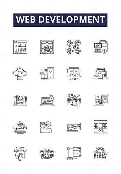 Web Development Line Vector Icons and Signs. Development, HTML, CSS, JavaScript, JQuery, PHP ...