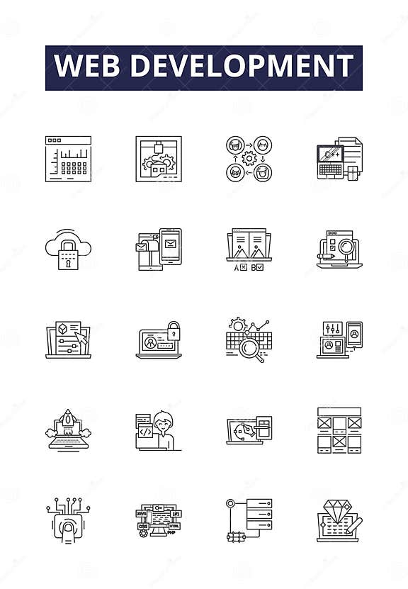 Web Development Line Vector Icons and Signs. Development, HTML, CSS, JavaScript, JQuery, PHP ...