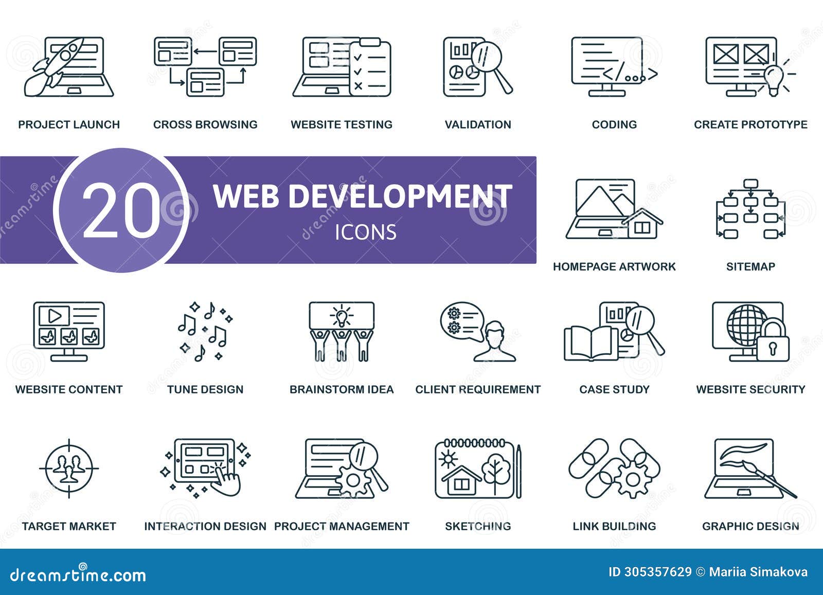 Web Development Outline Icons Set. Creative Icons: Project Launch, Cross Browsing, Website ...