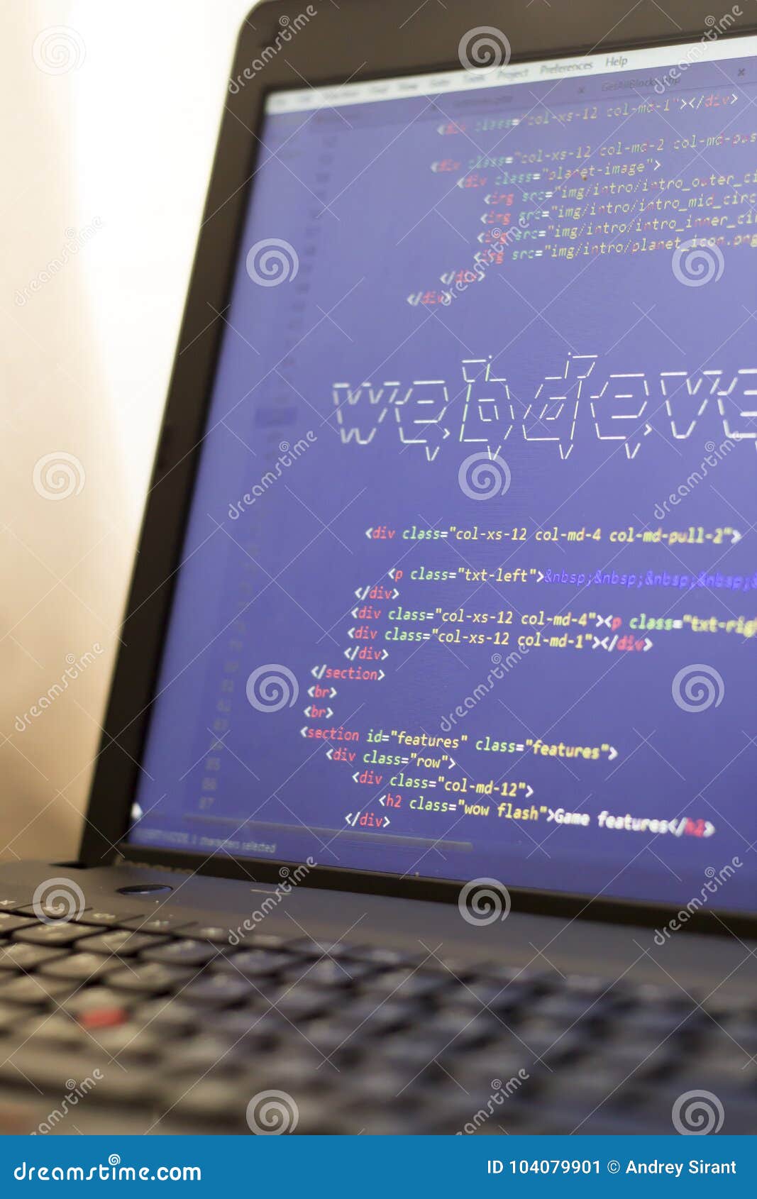 Web Development Phrase ASCII Art Inside HTML Code. Web Developer Workplace In Sunset Lights ...