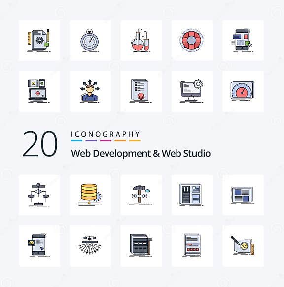 20 Web Development and Web Studio Line Filled Color Icon Pack Like Frame Content Repair Ui ...
