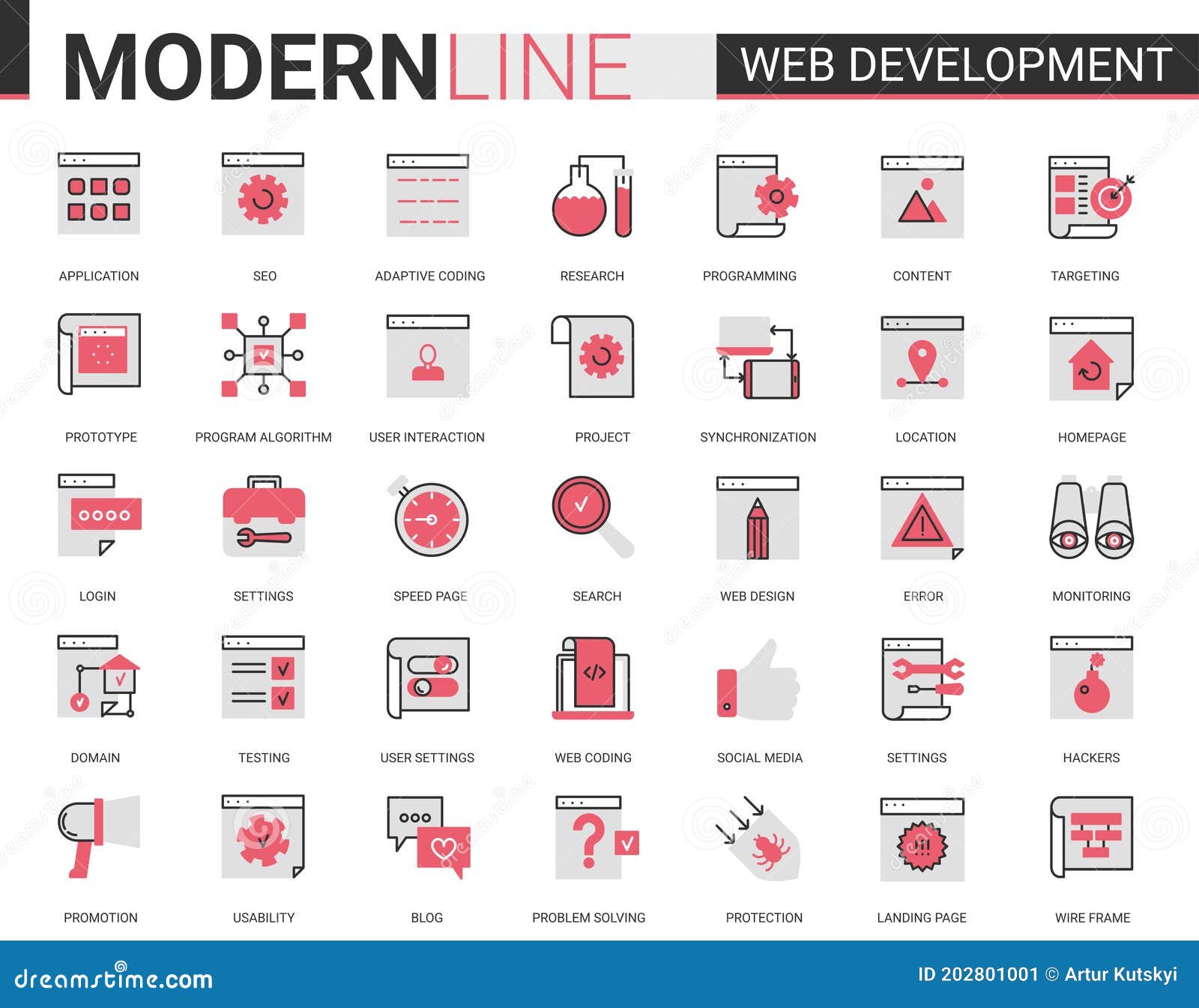Web Development Thin Red Black Flat Line Icon Vector Illustration Set ...