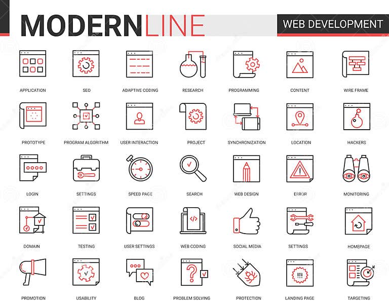 Web Development Thin Red Black Line Icon Vector Illustration Set ...