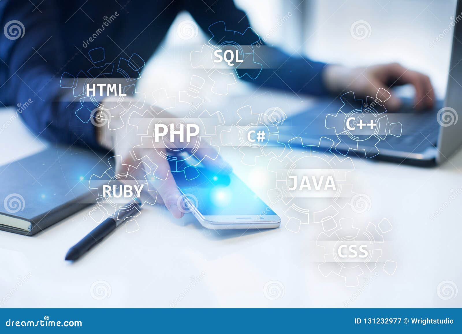 Web Development Tools Concept on Virtual Screen. Programming Language and Scripts. PHP, SQL ...