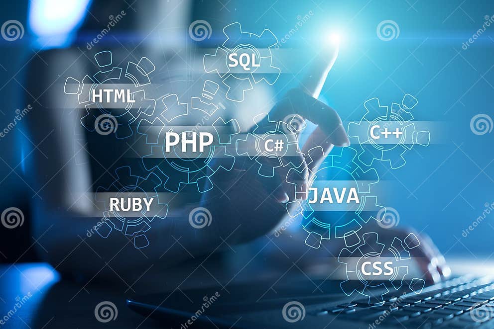 Web Development Tools Concept on Virtual Screen. Programming Language and Scripts. PHP, SQL ...