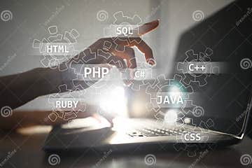 Web Development Tools Concept on Virtual Screen. Programming Language and Scripts. PHP, SQL ...