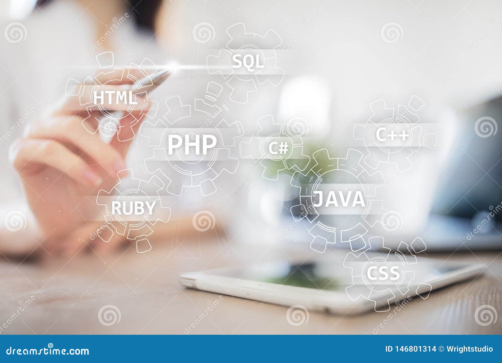 Web Development Tools Concept on Virtual Screen. Programming Language and Scripts. PHP, SQL ...