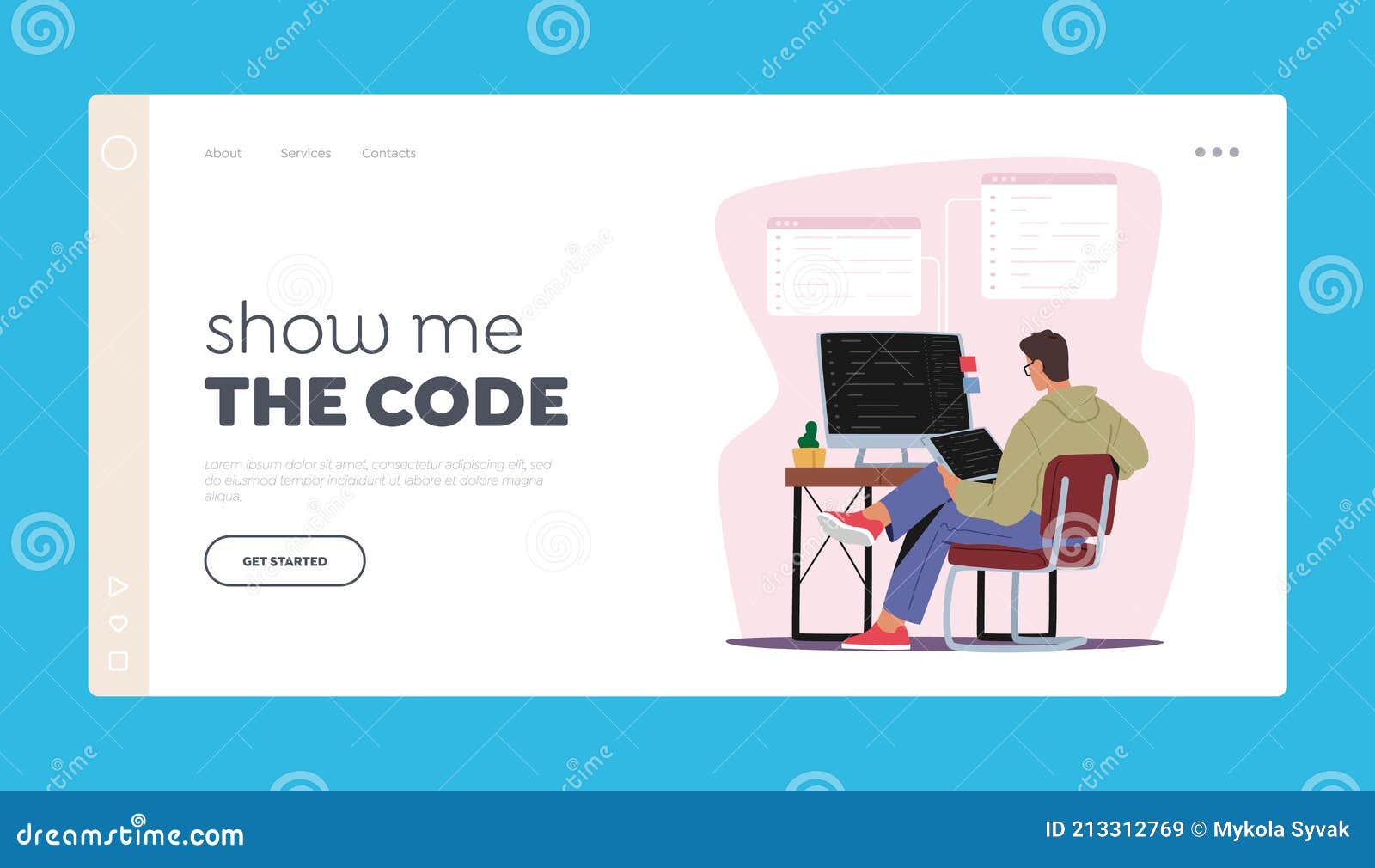 Web Development Website Programming Landing Page Template Programmer Male Character Working On