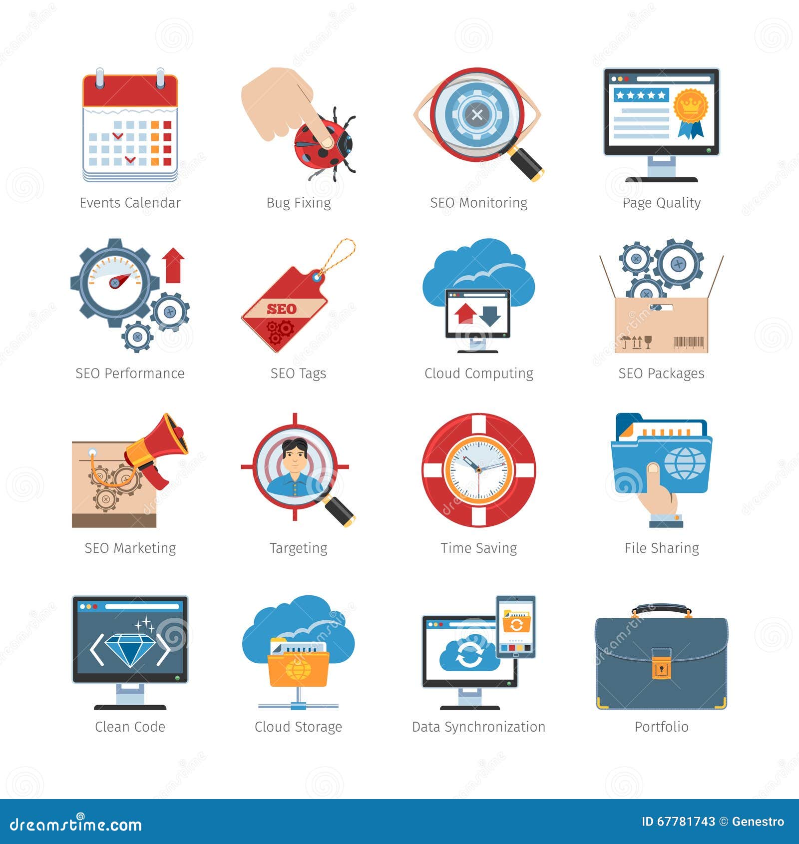 Web-Entwicklung Und SEO Flat Icons Set Vektor Abbildung - Illustration ...