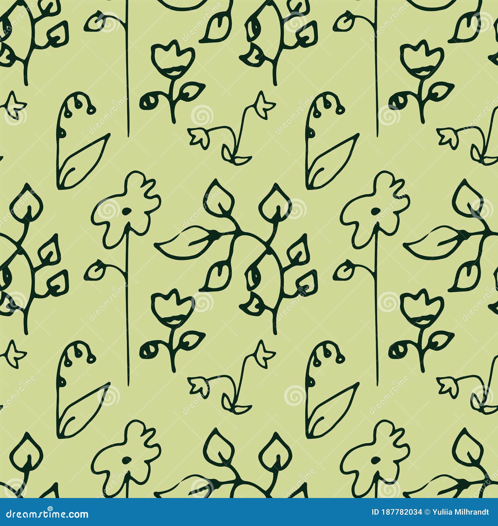 Flower Light Green Seamless Pattern. Hand Drawn Doodle Vector Stock ...