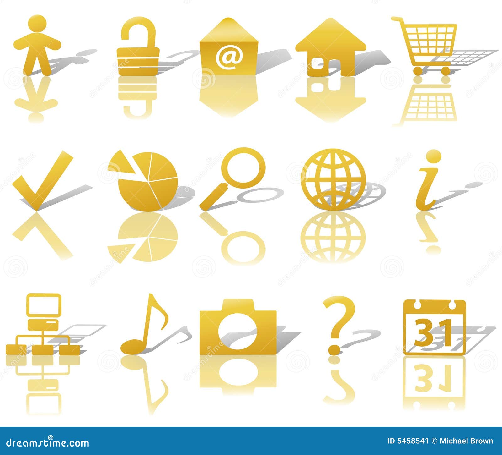 Web Gold Icons Set Shadows & Relections on White 1 Stock Vector ...