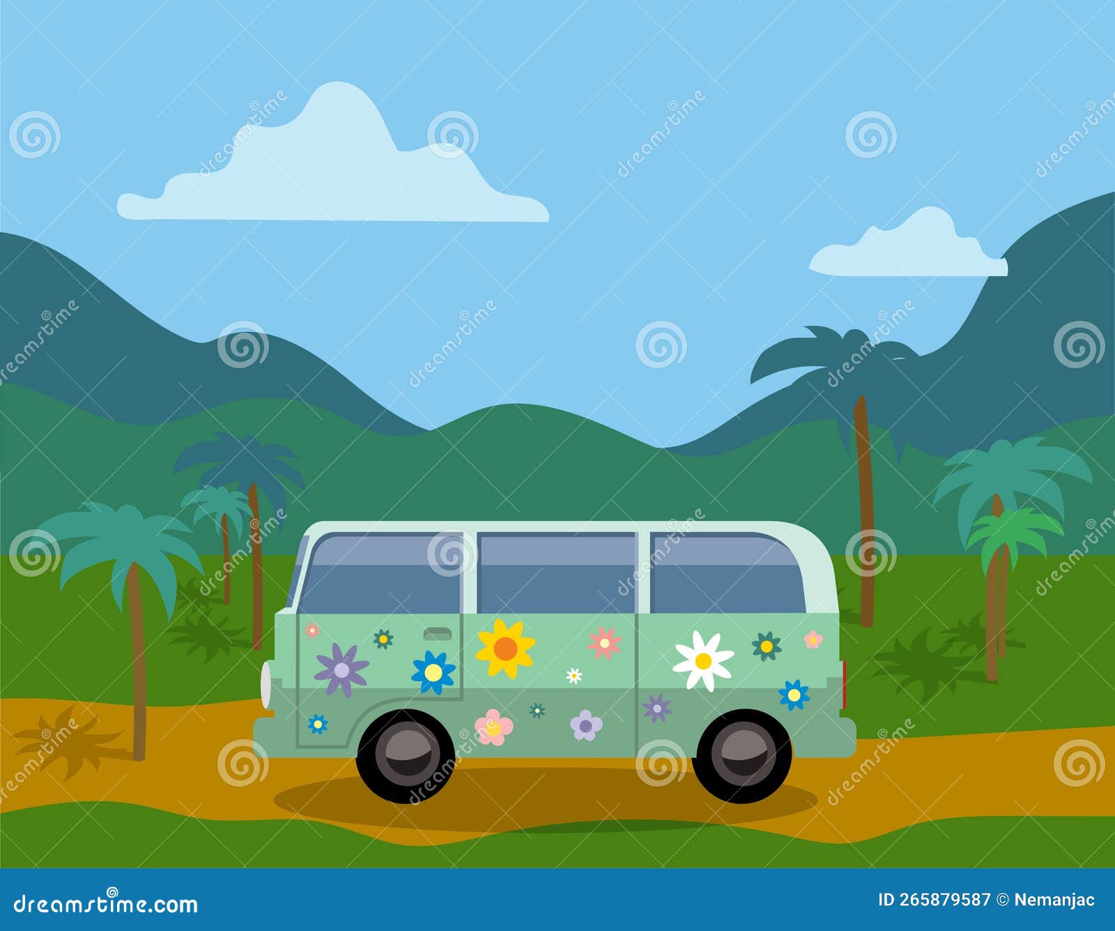Green hippy van stock illustration. Illustration of landscape - 265879587