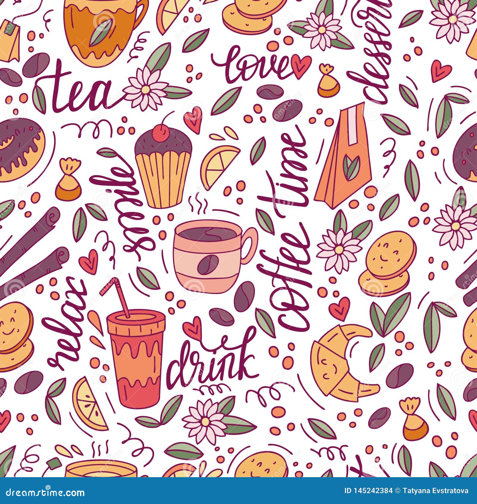 Cafe Pattern with Doodle Coffee, Tea, Cups and Desserts. Seamless ...