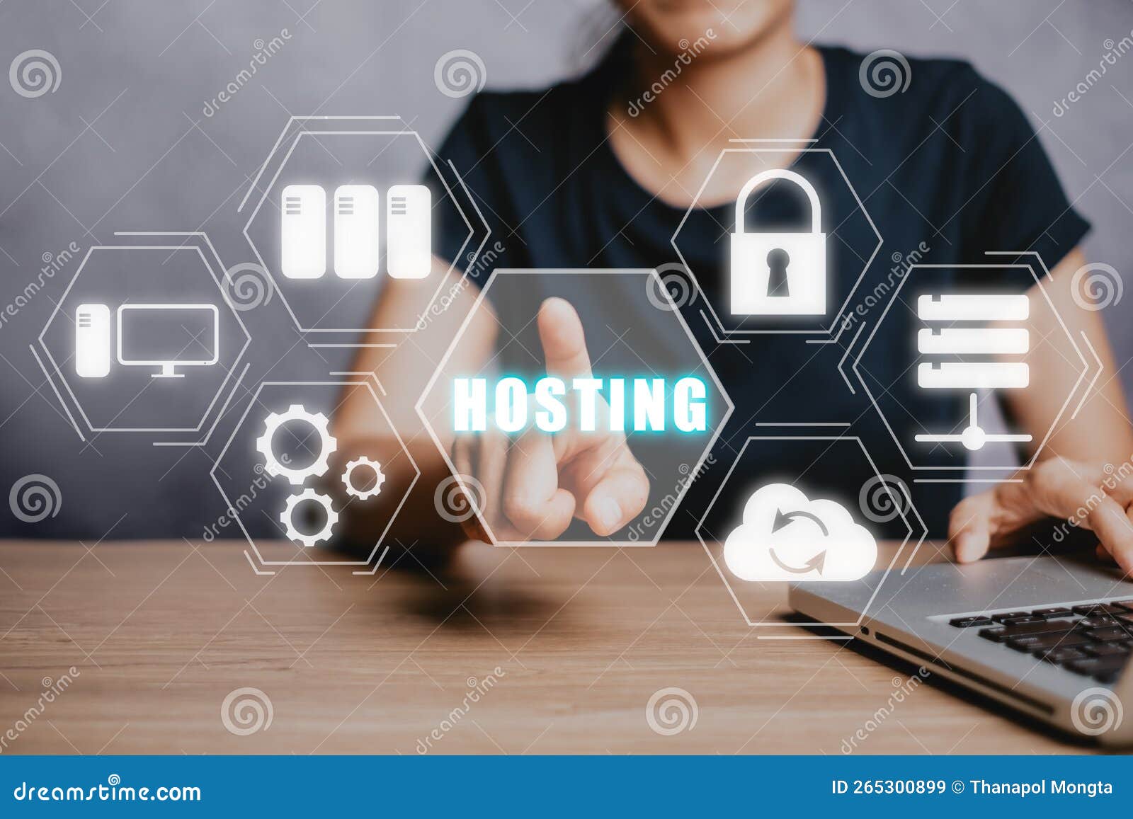 Web Hosting Concept, Woan Using Computer and Presses His Finger on the ...