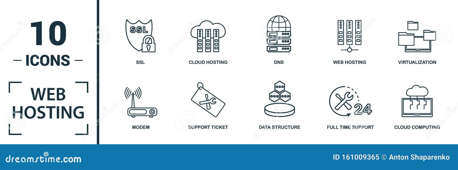 Web Hosting Icon Set. Include Creative Elements Data Structure, Cloud Technology, Ssd, File ...