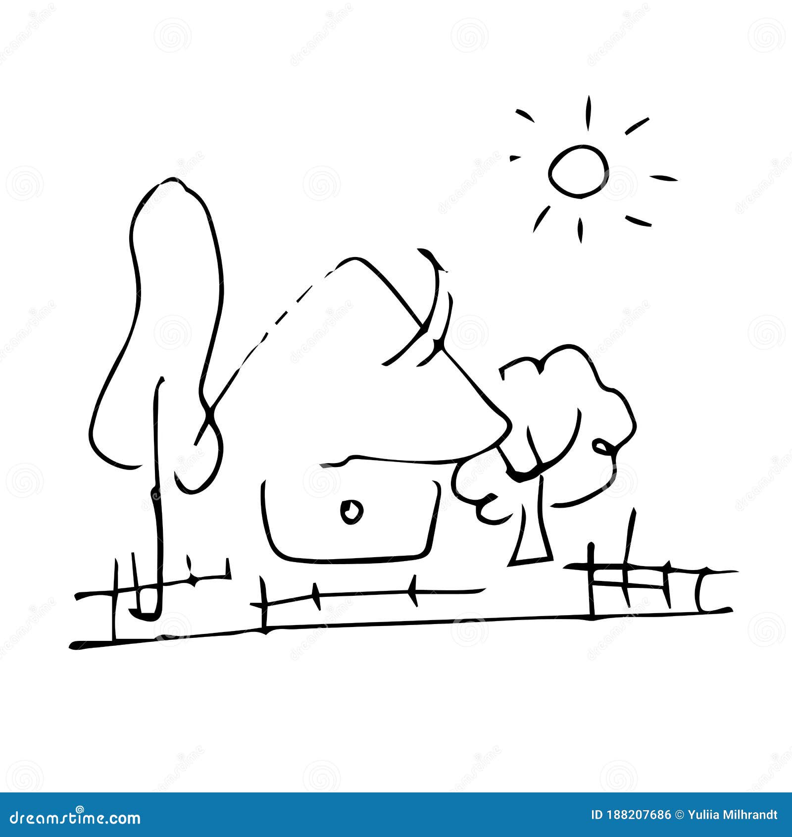 House with Yard Freehand Sketch. Vector Monochrome Isolated. Stock ...