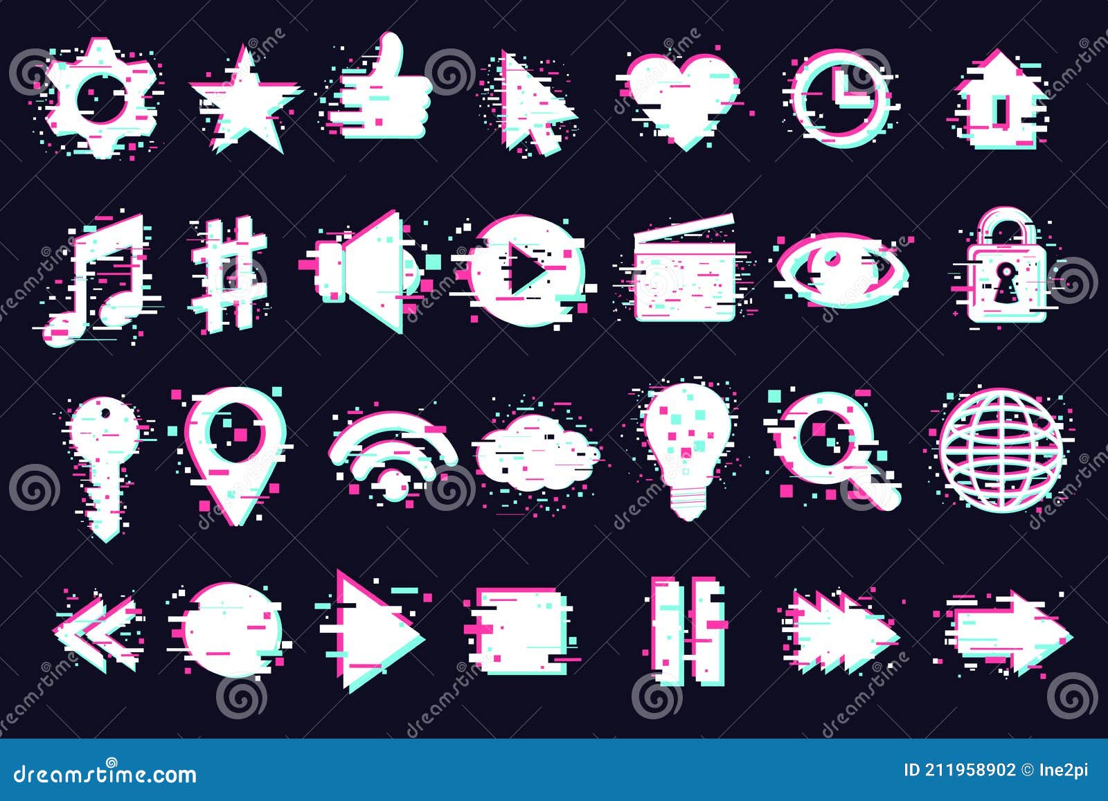 Web Icons Set. User Interface Symbols, Glitch Style. GUI Elements ...