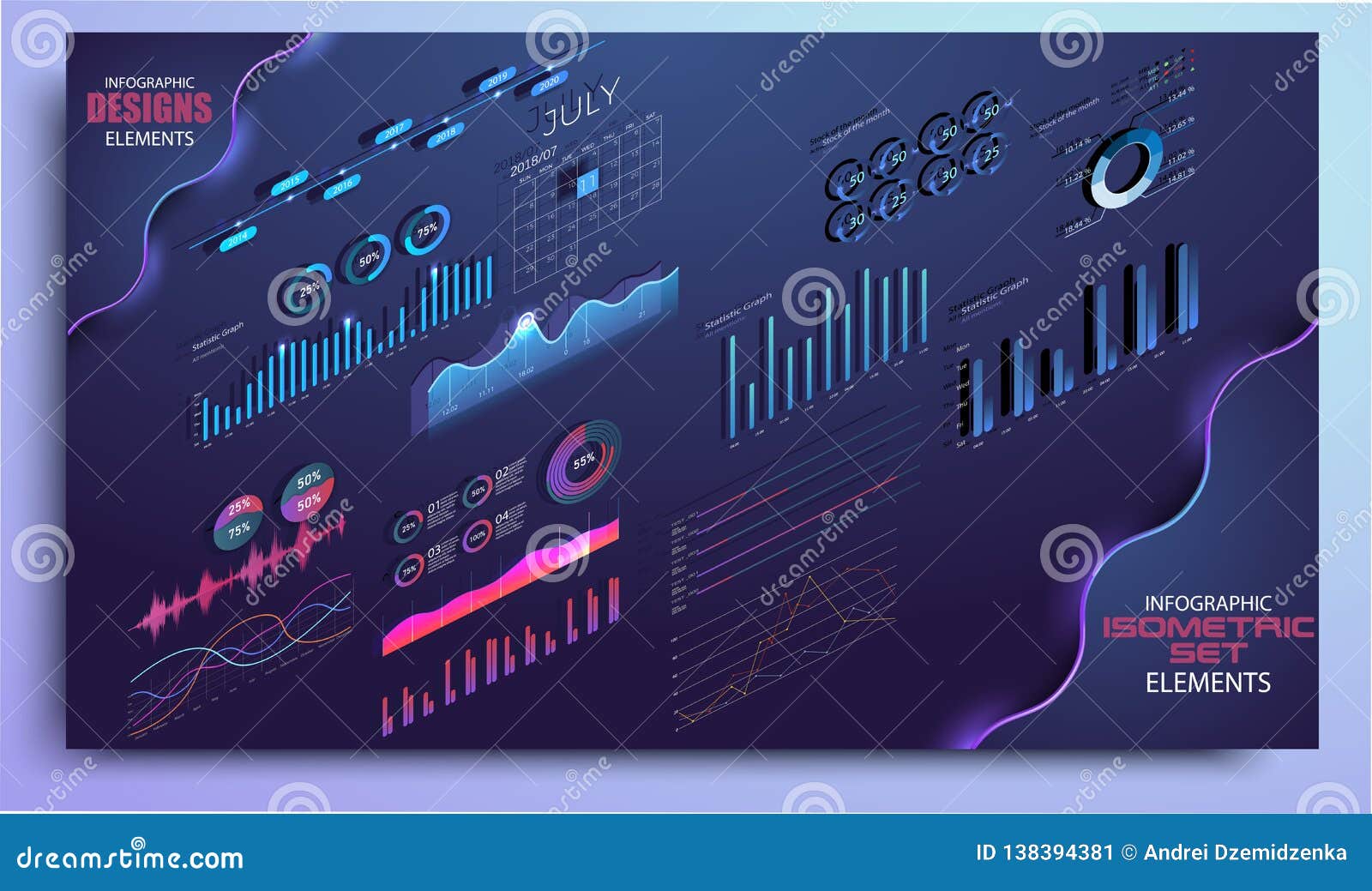 Isometric Set of Infographics with Data Financial Graphs or Diagrams ...