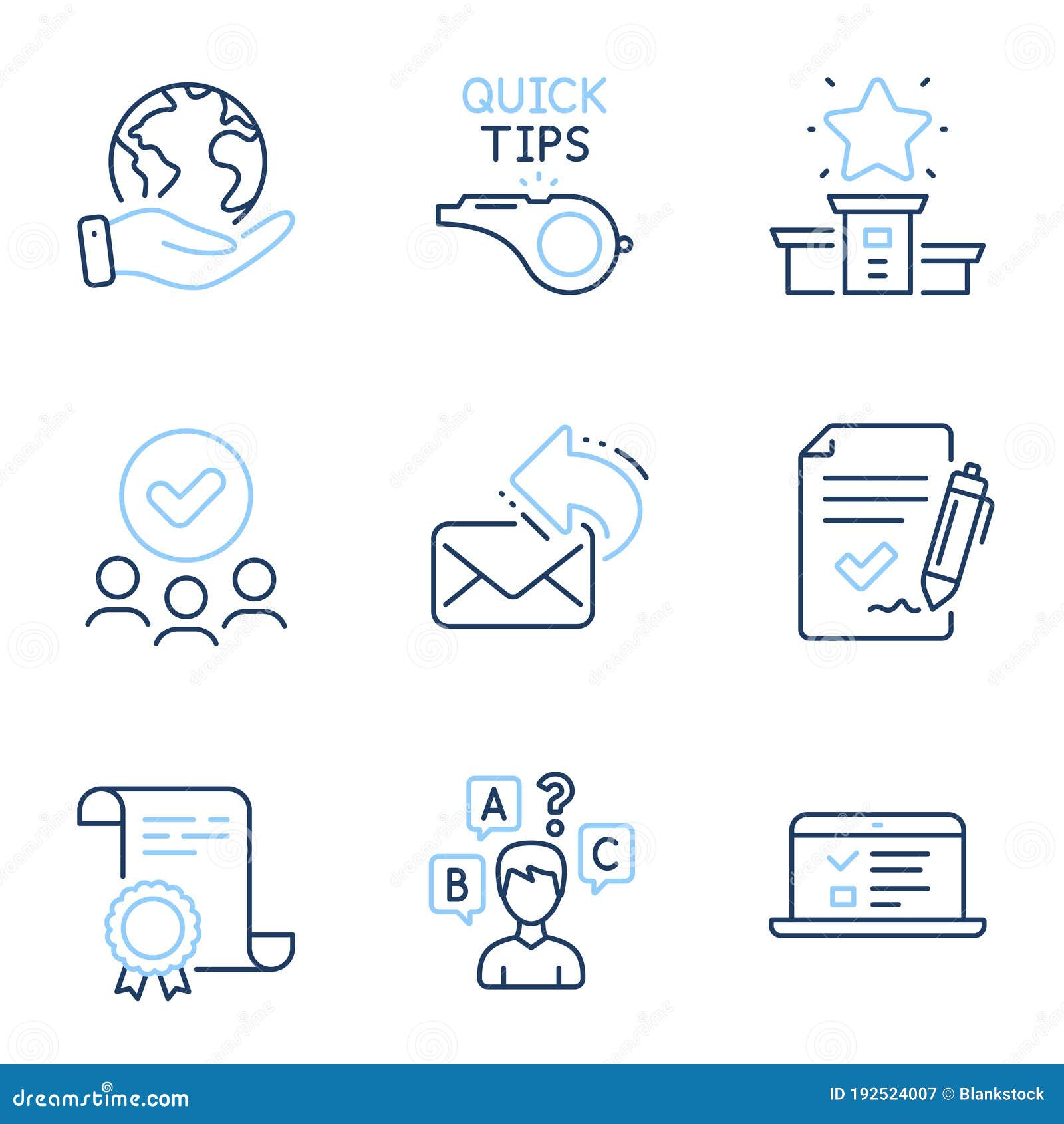 Web Lectures, Winner Podium and Quiz Test Icons Set. Approved Agreement ...