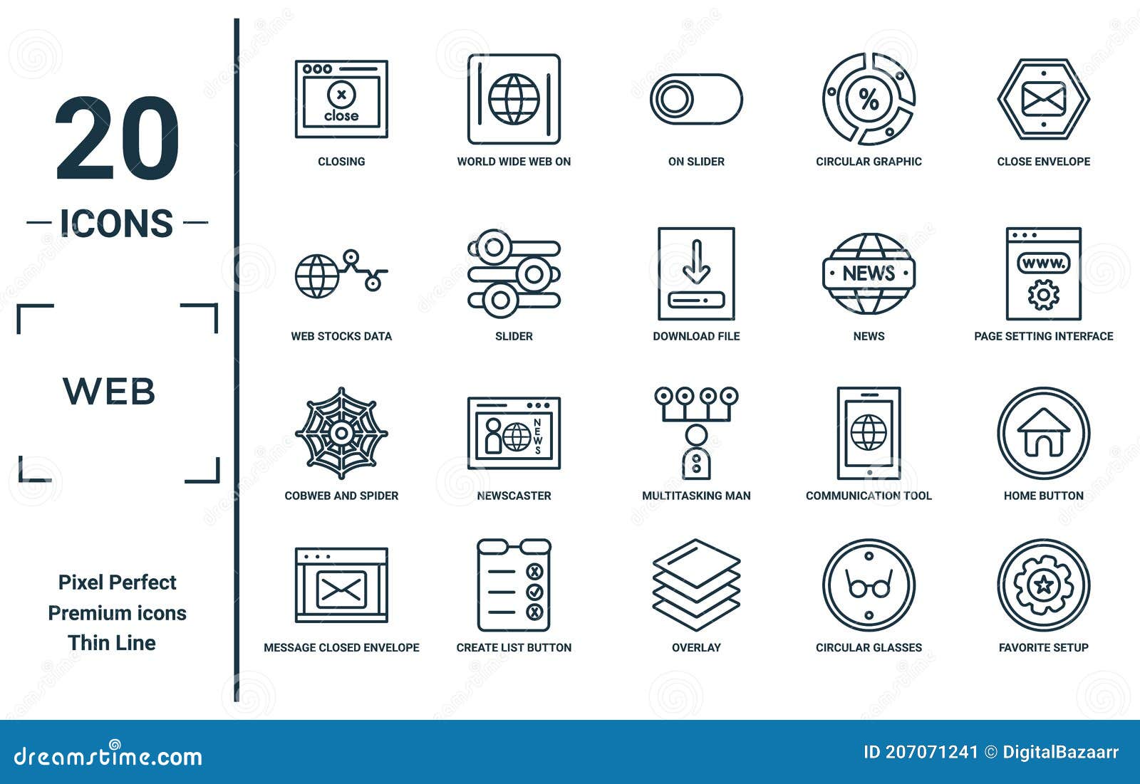 Web Linear Icon Set. Includes Thin Line Closing, Web Stocks Data Line ...