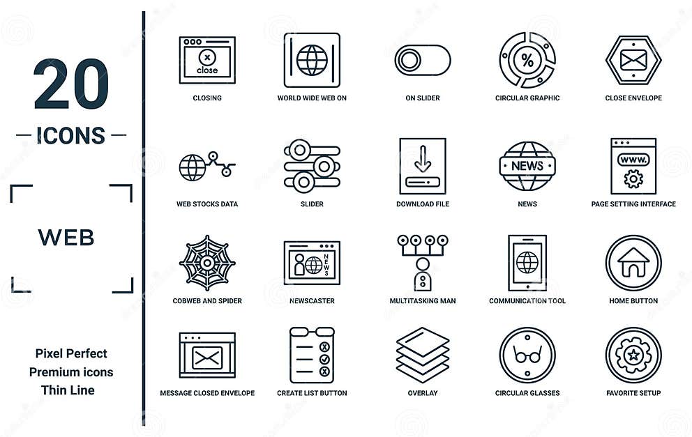 Web Linear Icon Set. Includes Thin Line Closing, Web Stocks Data Line Graphic Interface, Cobweb ...