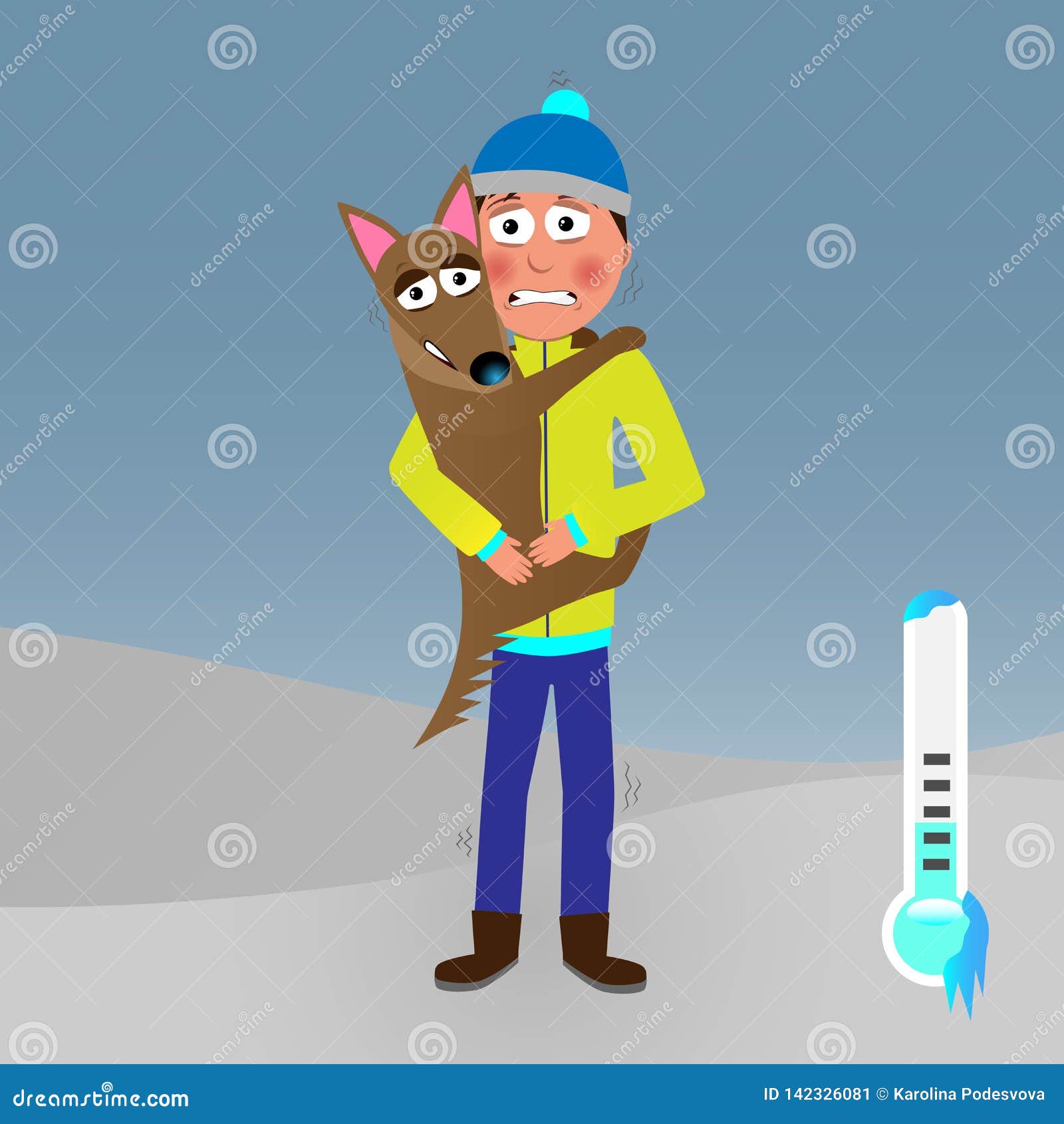 Man and Dog are Cold in Freezing Waether Stock Illustration ...