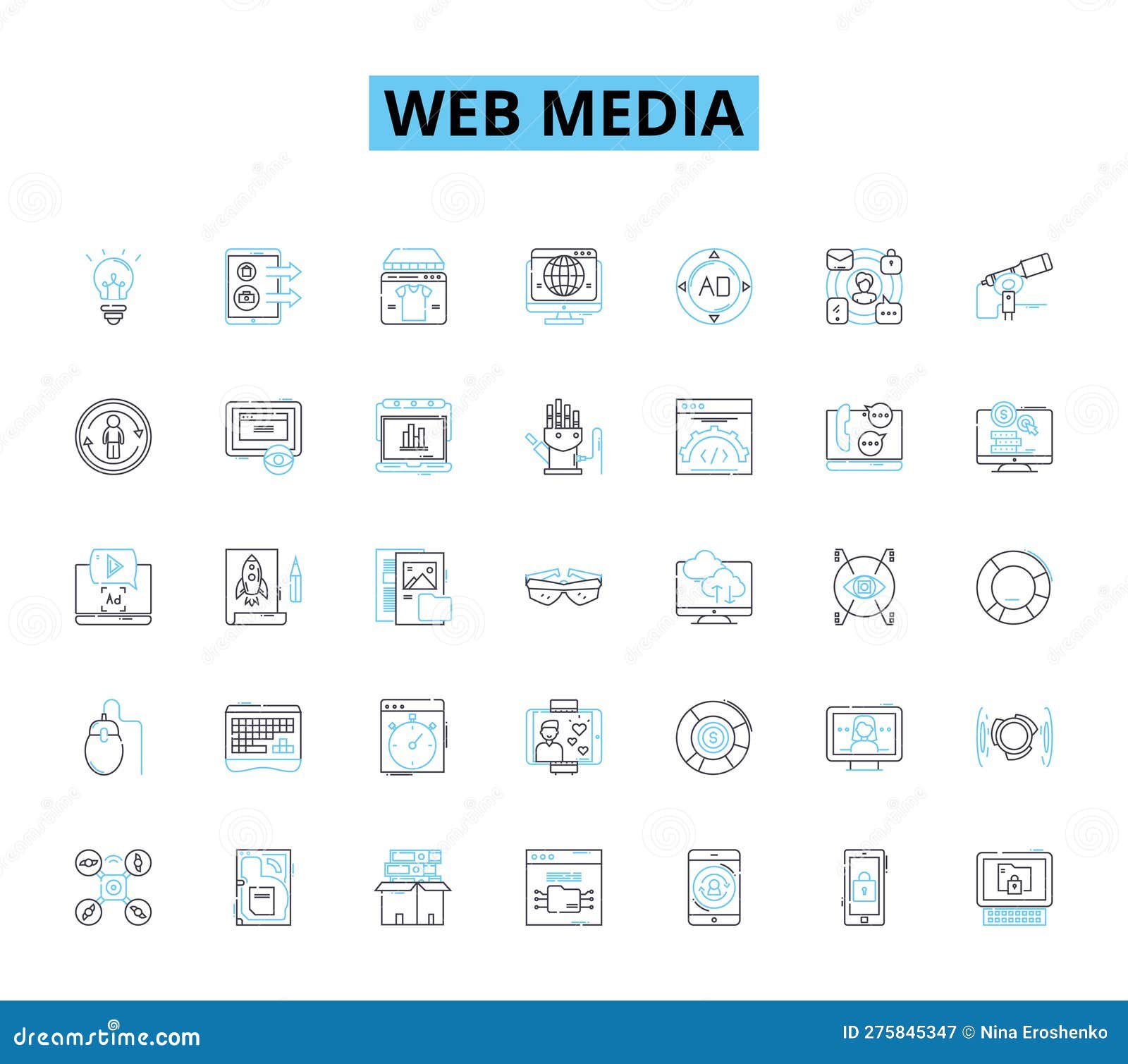 Web Media Linear Icons Set. Streaming, Blogging, Socializing, Podcasts ...