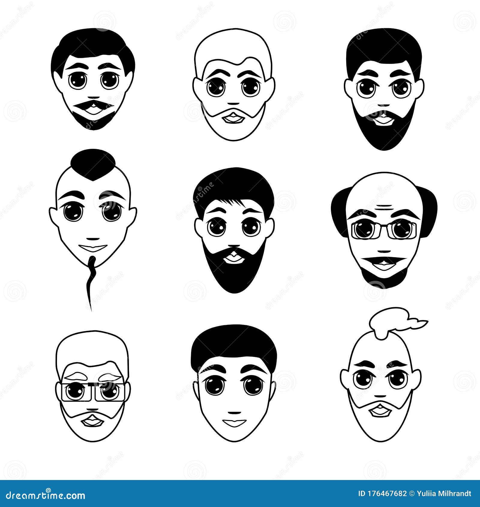 Male Faces Character Set. Monochrome Isolated Vector Stock Illustration ...